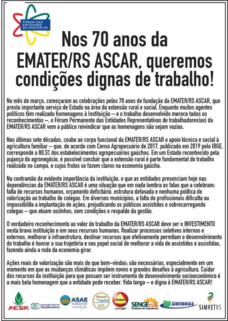 Nos 70 anos da EMATER/RS ASCAR, queremos condições dignas de trabalho ...